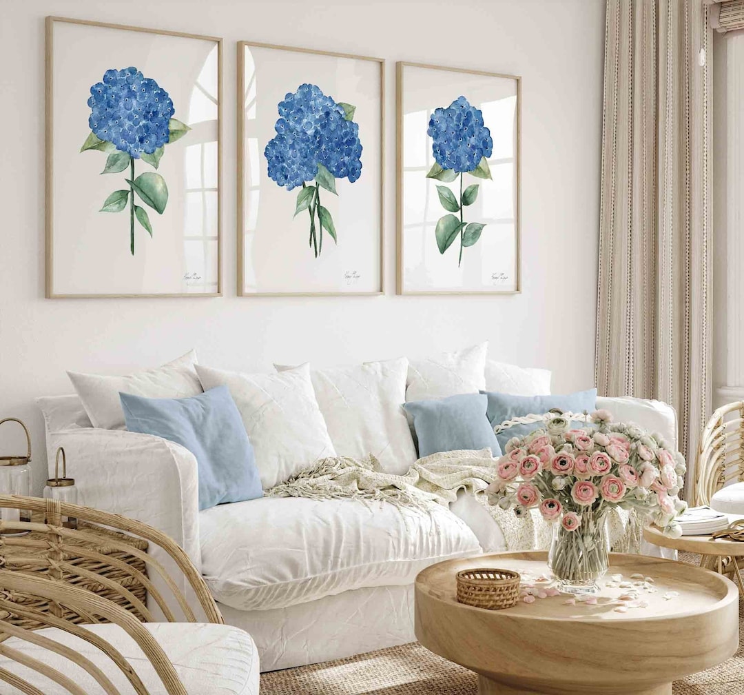 Dark Blue Hydrangea Prints Minimalist Hamptons Wall Decor Botanical ...