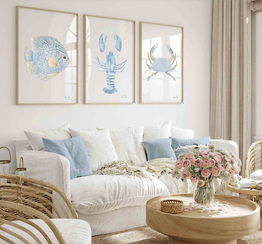 Coastal Wall Art - Abstract Fish Poster, Blue Watercolor Set of 3 ...