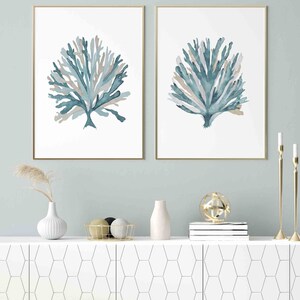 Teal Turquoise Coral Print Set of 2 Prints, Modern Coastal Watercolor ...