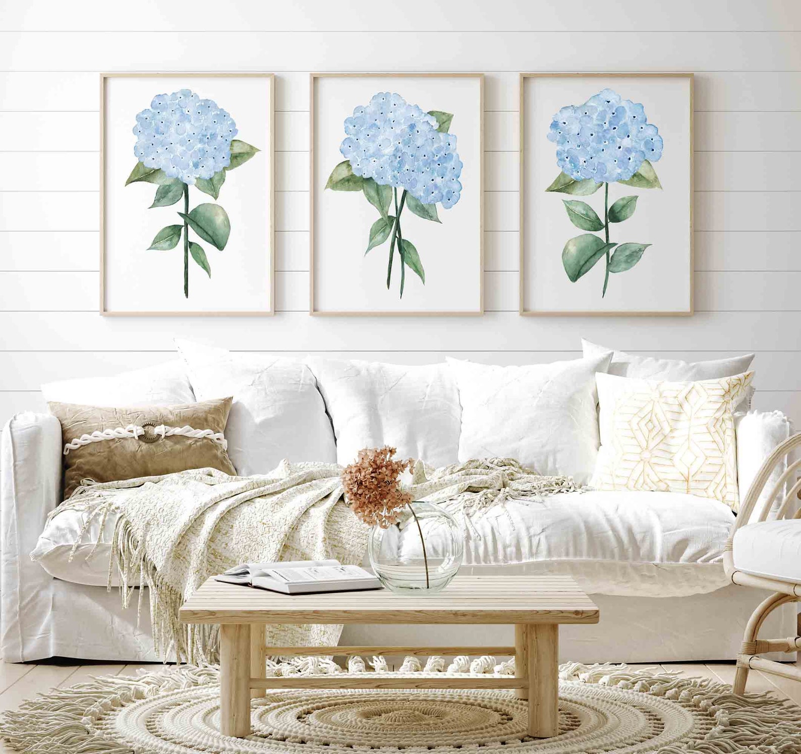Light Blue Hydrangea Print Set of 3 Minimalist Artwork Botanical Fine ...