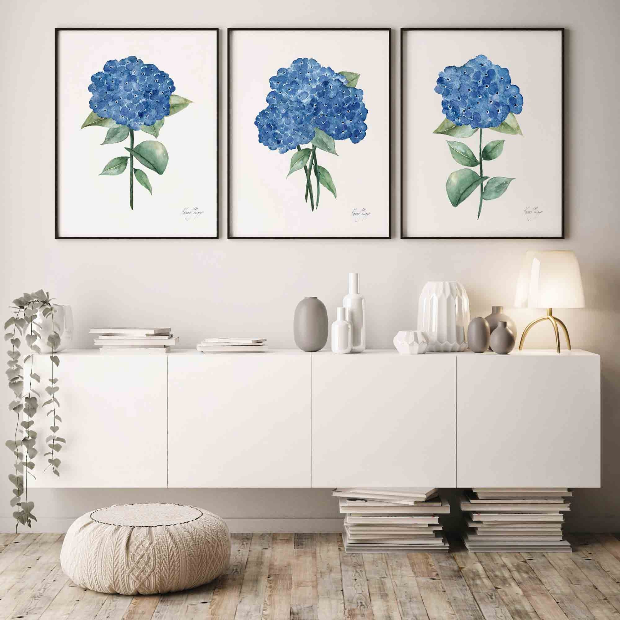 Dark Blue Hydrangea Prints Minimalist Hamptons Wall Decor Botanical ...