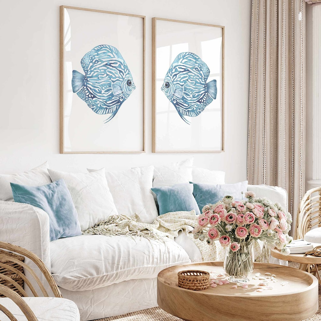 Abstract Discus Fish Wall Art Prints Set of 2 in Aqua Blue, Minimalist ...
