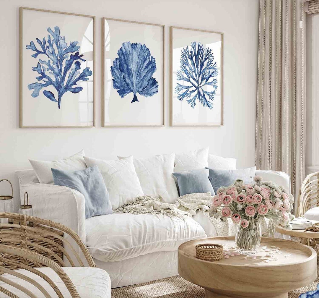 Navy Blue Coral Seaweed Wall Art Set of 3 Prints, Minimalist Watercolor ...