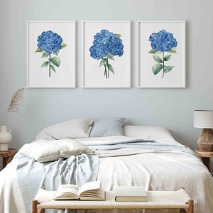 Dark Blue Hydrangea Prints Minimalist Hamptons Wall Decor Botanical ...