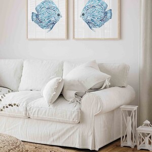 Abstract Discus Fish Wall Art Prints Set of 2 in Aqua Blue, Minimalist ...