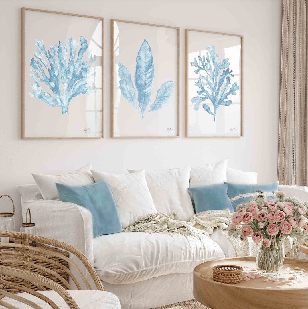 Coral Seaweed Wall Art Prints in Light Blue Set of 3, Pale Blue Sea Fan ...