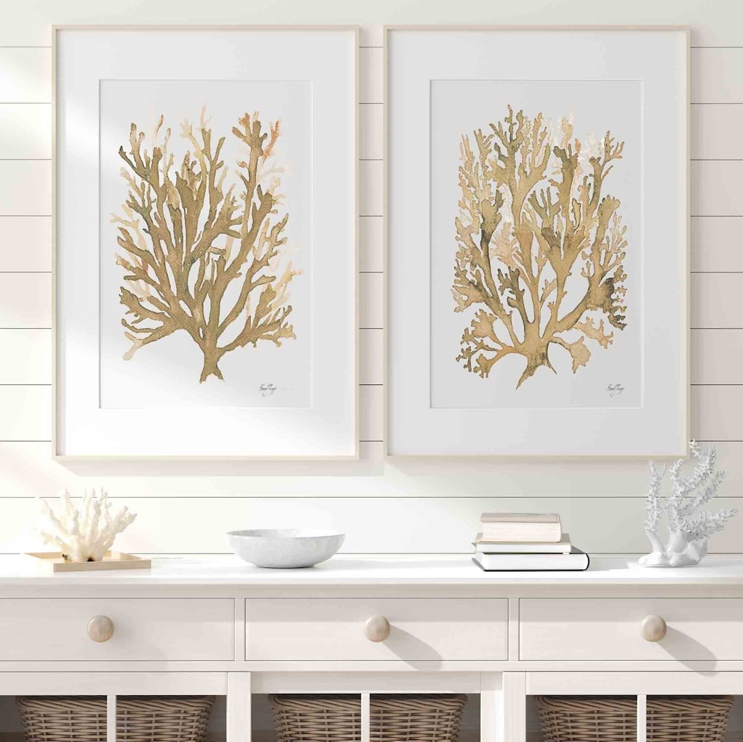 Coral Seaweed Wall Art Prints Set of 2 Tan Brown Yellow Minimalist Wall ...