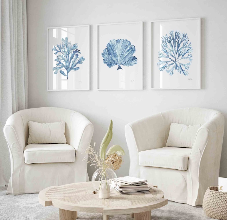 Sky Blue Coral Seaweed Wall Art Set of 3 Prints, Minimalist Wall Decor ...
