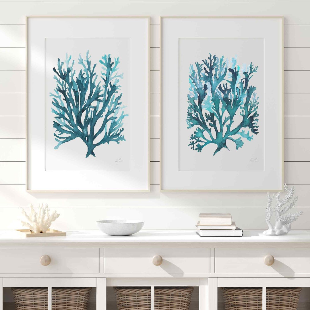 Minimalist Teal Blue Green Wall Art Print Set of 2 Coral Seaweed, Gift ...