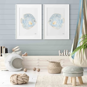 Blue Abstract Fish Watercolor Wall Art Set of 2 Prints Discus Fish ...