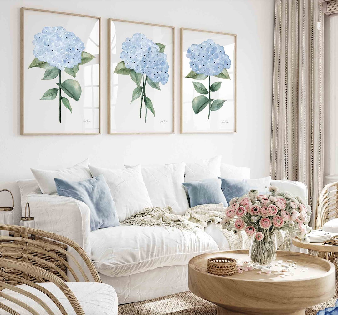 Light Blue Hydrangea Print Set of 3 Minimalist Artwork Botanical Fine ...