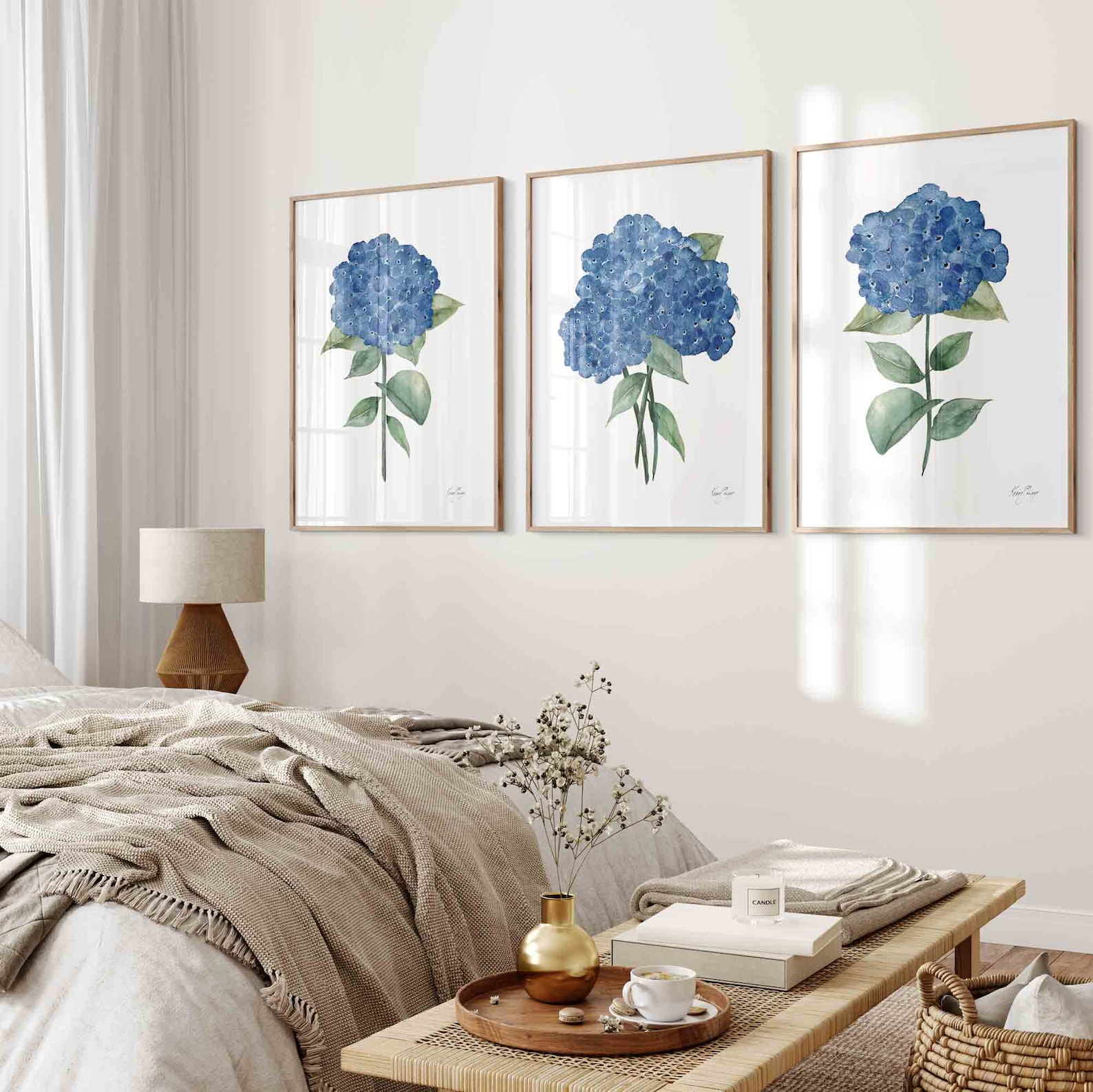 Dark Blue Hydrangea Prints Minimalist Hamptons Wall Decor Botanical ...