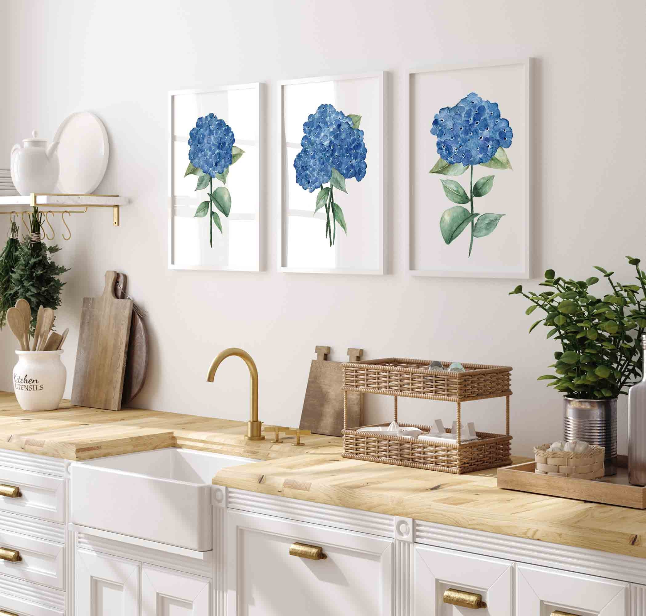 Dark Blue Hydrangea Prints Minimalist Hamptons Wall Decor Botanical ...
