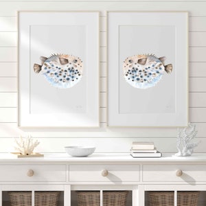 Tropical Puffer Fish Set of 2 Prints Coastal Wall Decor Modern ...