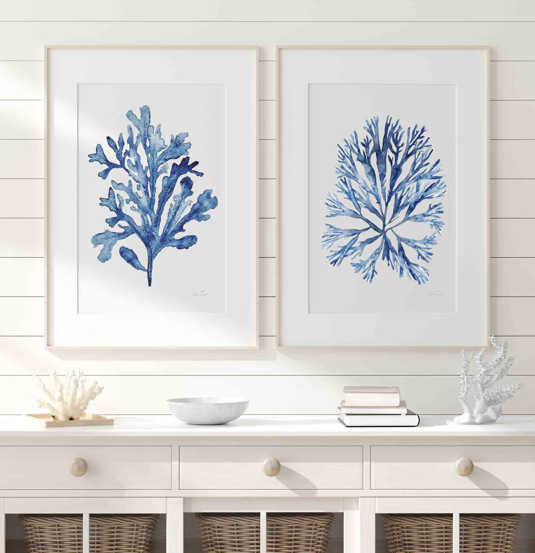Coral Seaweed Navy Blue Watercolor Set of 2 Prints, Coastal Wall Art ...