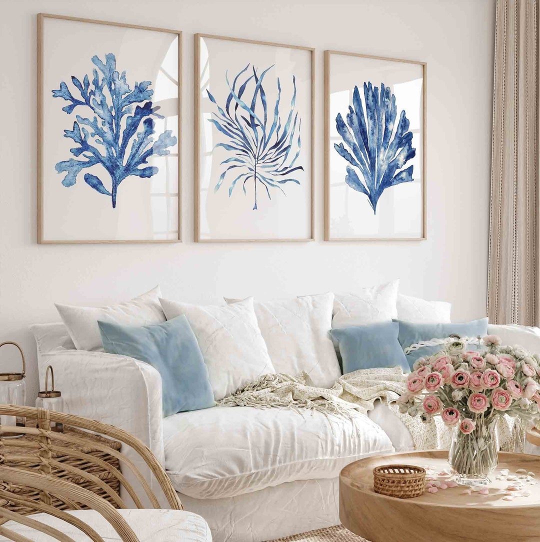 Nautical Set of 3 Navy Blue Coral & Seaweed Prints, Minimalist ...