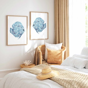 Abstract Discus Fish Wall Art Prints Set of 2 in Aqua Blue, Minimalist ...
