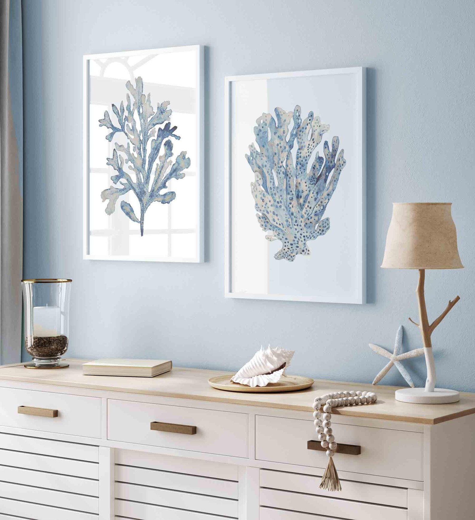 Coastal Seaweed Watercolor Art Prints: Hamptons Style Wall Decor (set ...