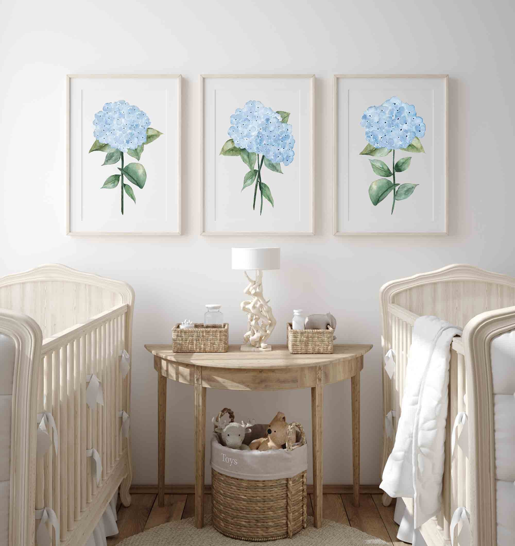Light Blue Hydrangea Print Set of 3 Minimalist Artwork Botanical Fine ...