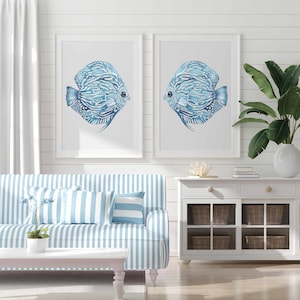 Abstract Discus Fish Wall Art Prints Set of 2 in Aqua Blue, Minimalist ...
