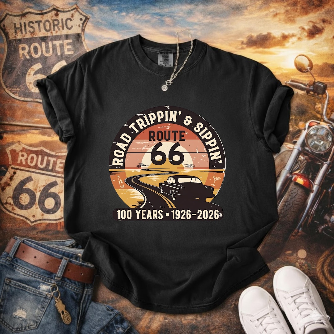 Route 66 Tee, Road Trippin' & Sippin' T-shirt | Vintage Sunset Car ...