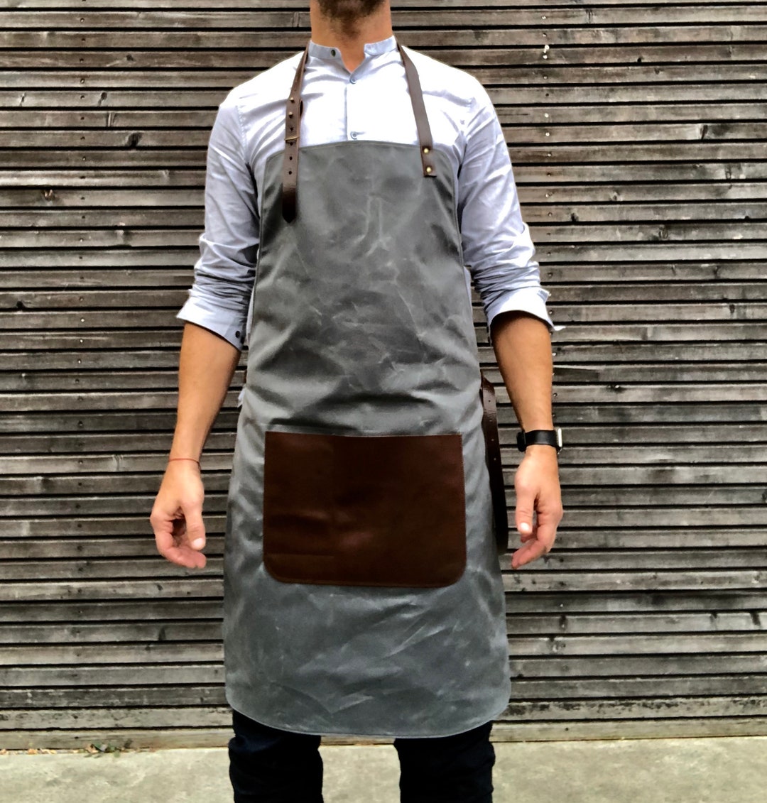 Handmade Waxed Canvas Work Apron: Gray With Leather Pocket - Etsy