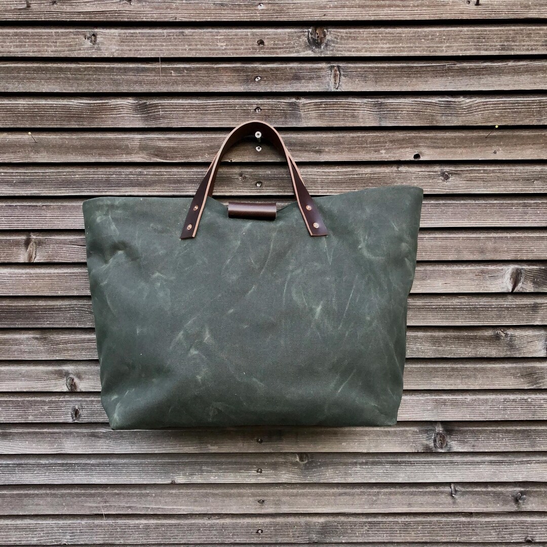 Waxed Canvas Tote Bag - Carryall With Leather Handles and Bottom ...