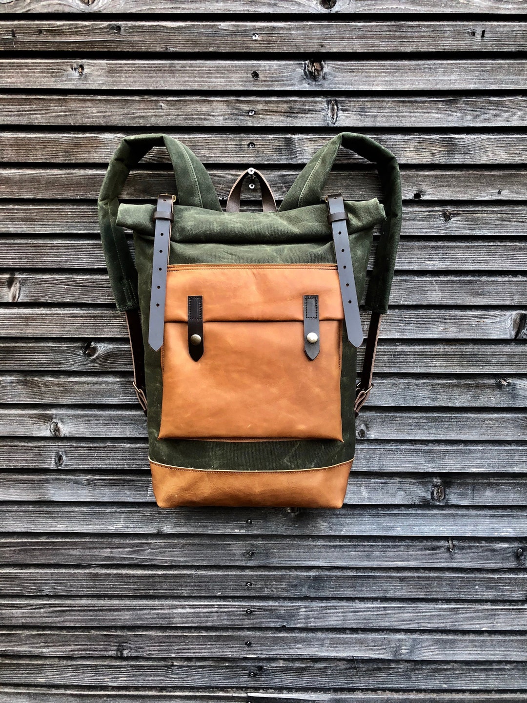 Waxed Canvas Rucksack/backpack With Roll up Top and Oiled Leather ...