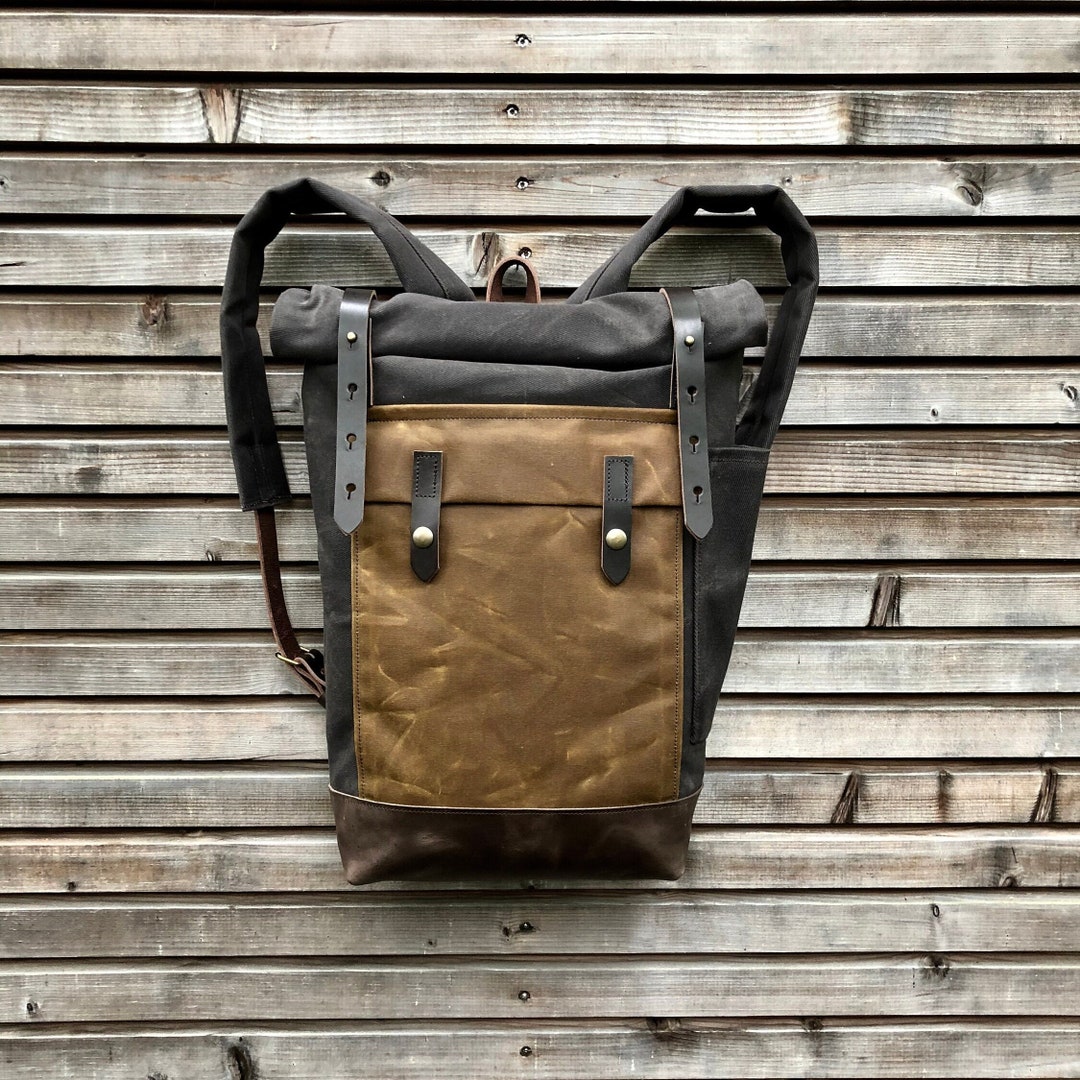 Waxed Canvas Roll Top Backpack: Leather Bottom Commuter Rucksack - Etsy