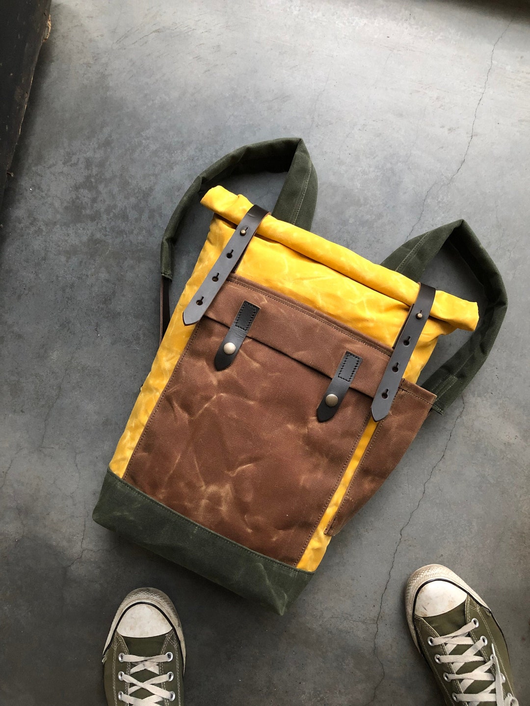 Yellow Waxed Canvas Leather Backpack Medium Size / Commuter Backpack ...