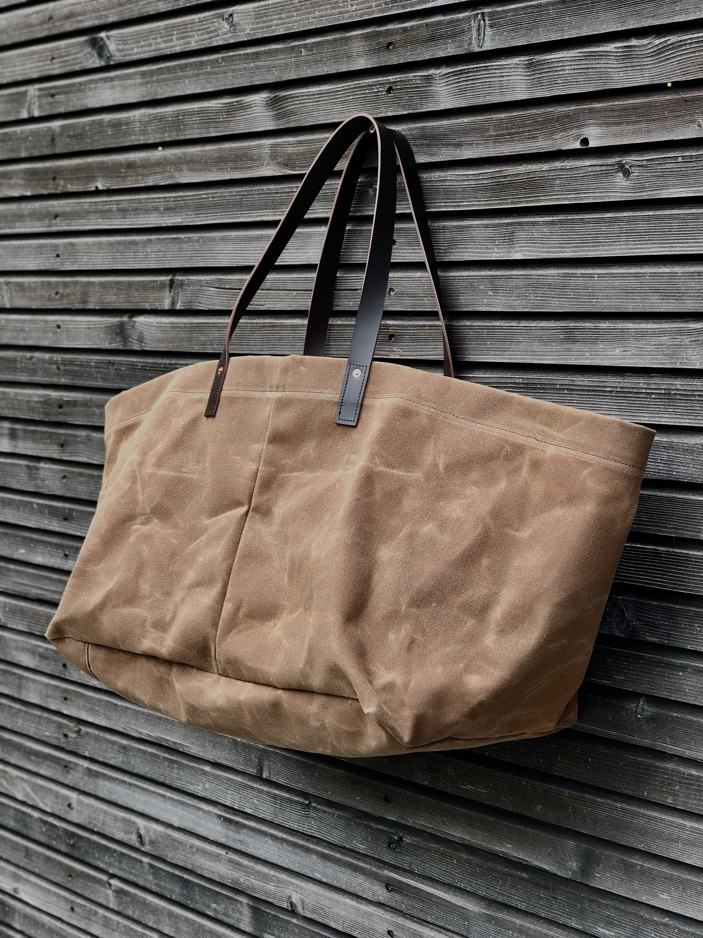 XXL Waxed Canvas Tote Bag, Leather Handles, Unisex Carryall - Etsy