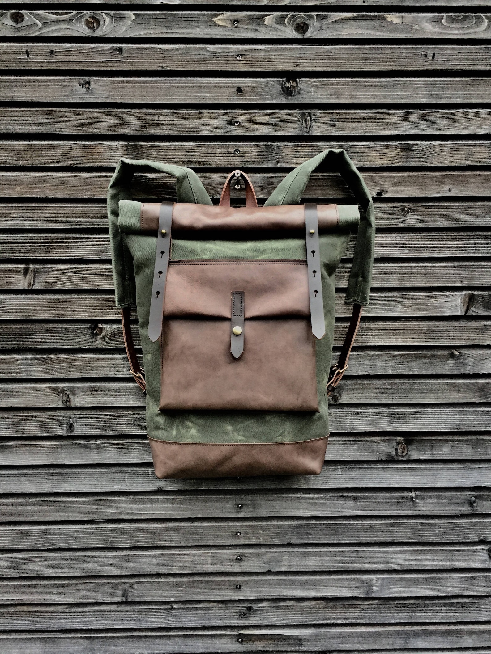 Waxed Canvas Backpack With Roll to Close Top With Leather - Etsy