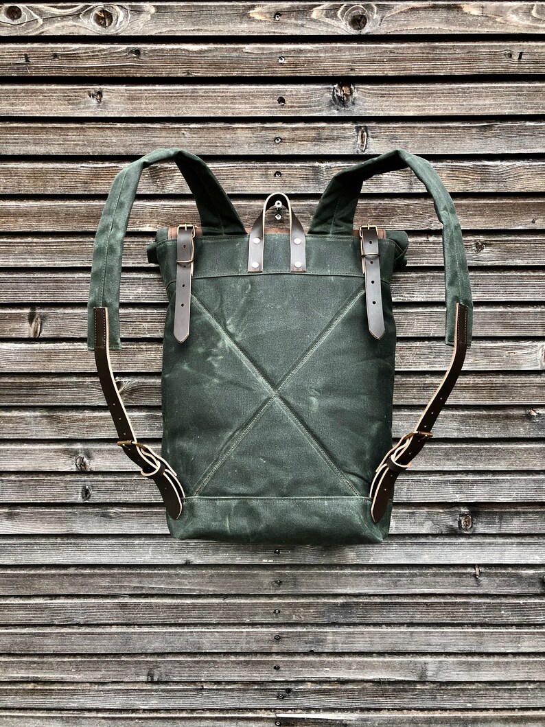 Waxed canvas rucksack/backpack with roll up top and double | Etsy