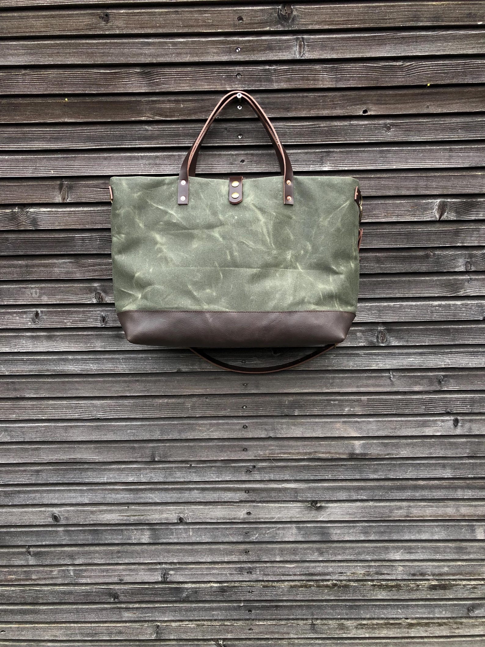 XL Olive Green Waxed Twill Tote Bag With Leather Handles - Etsy