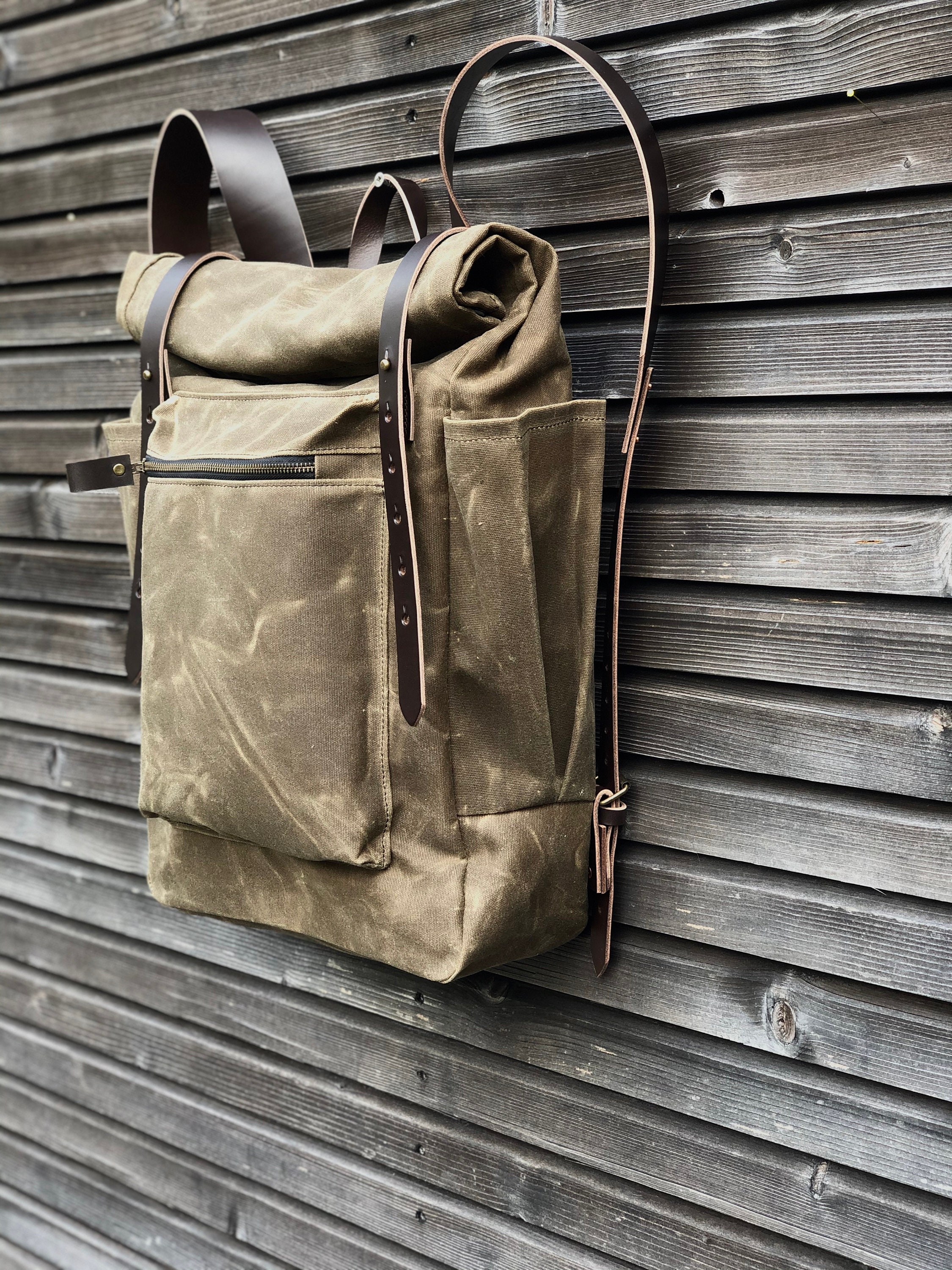 Outdoor Waxed Canvas Backpack in Field Tan With Roll to Close | Etsy