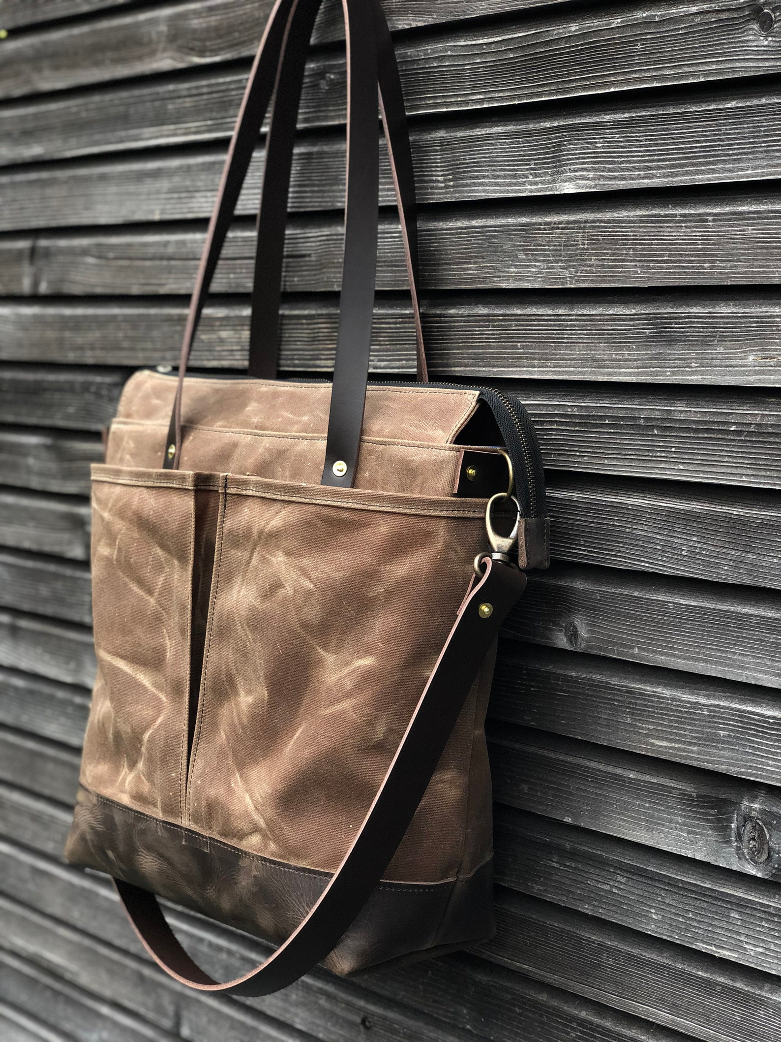 Waxed Canvas Tote Bag / Carryall Bag With Leather Bottom | Etsy