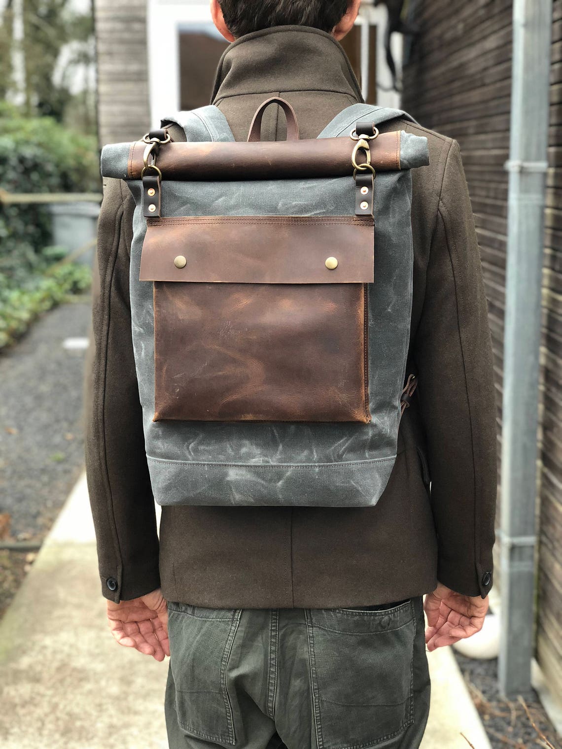 Waxed Canvas Rucksack/backpack With Roll up Top and Double | Etsy
