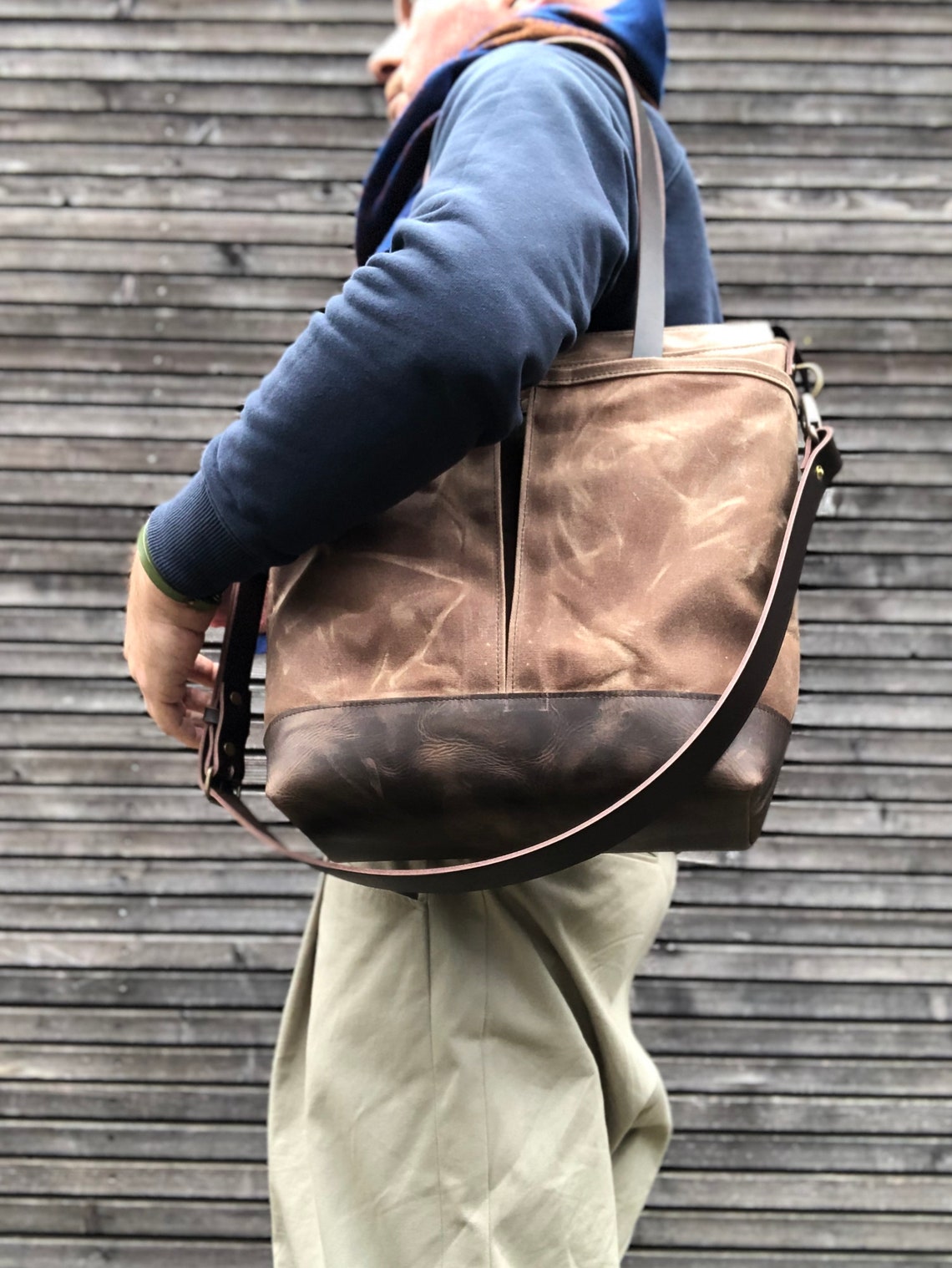 Waxed Canvas Tote Bag / Carryall Bag With Leather Bottom | Etsy