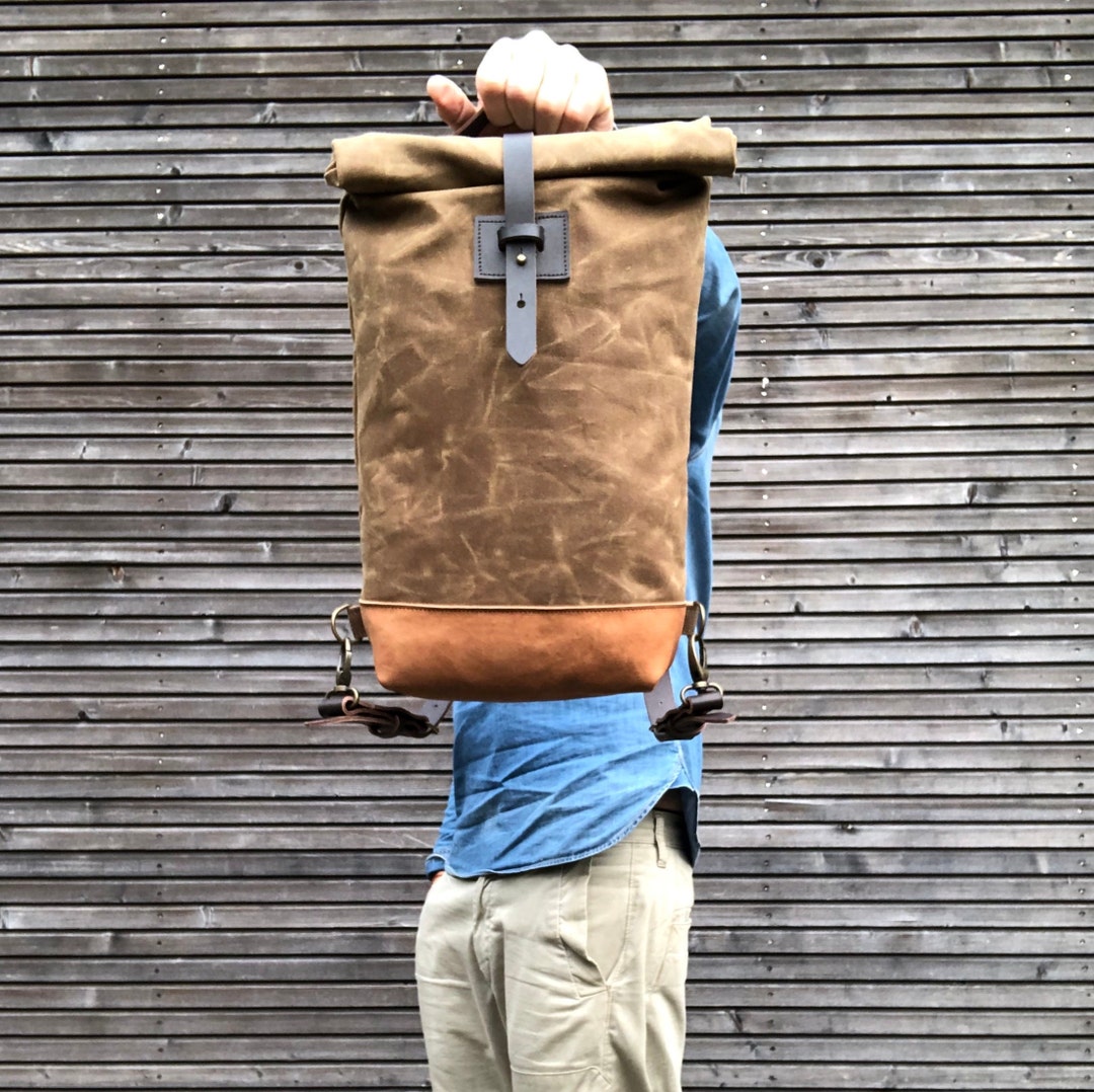 Small Waxed Canvas Backpack / Hipster Backpack With Rolled Top and ...