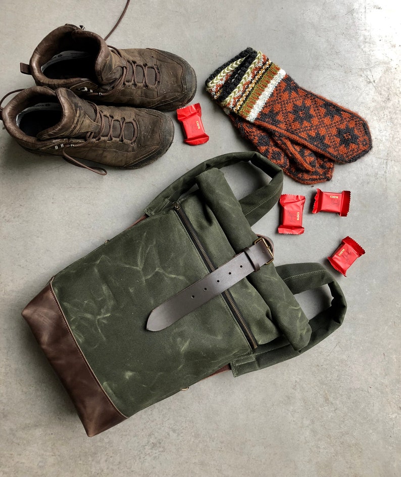 Commuter backpack waxed canvas leather in medium size / | Etsy