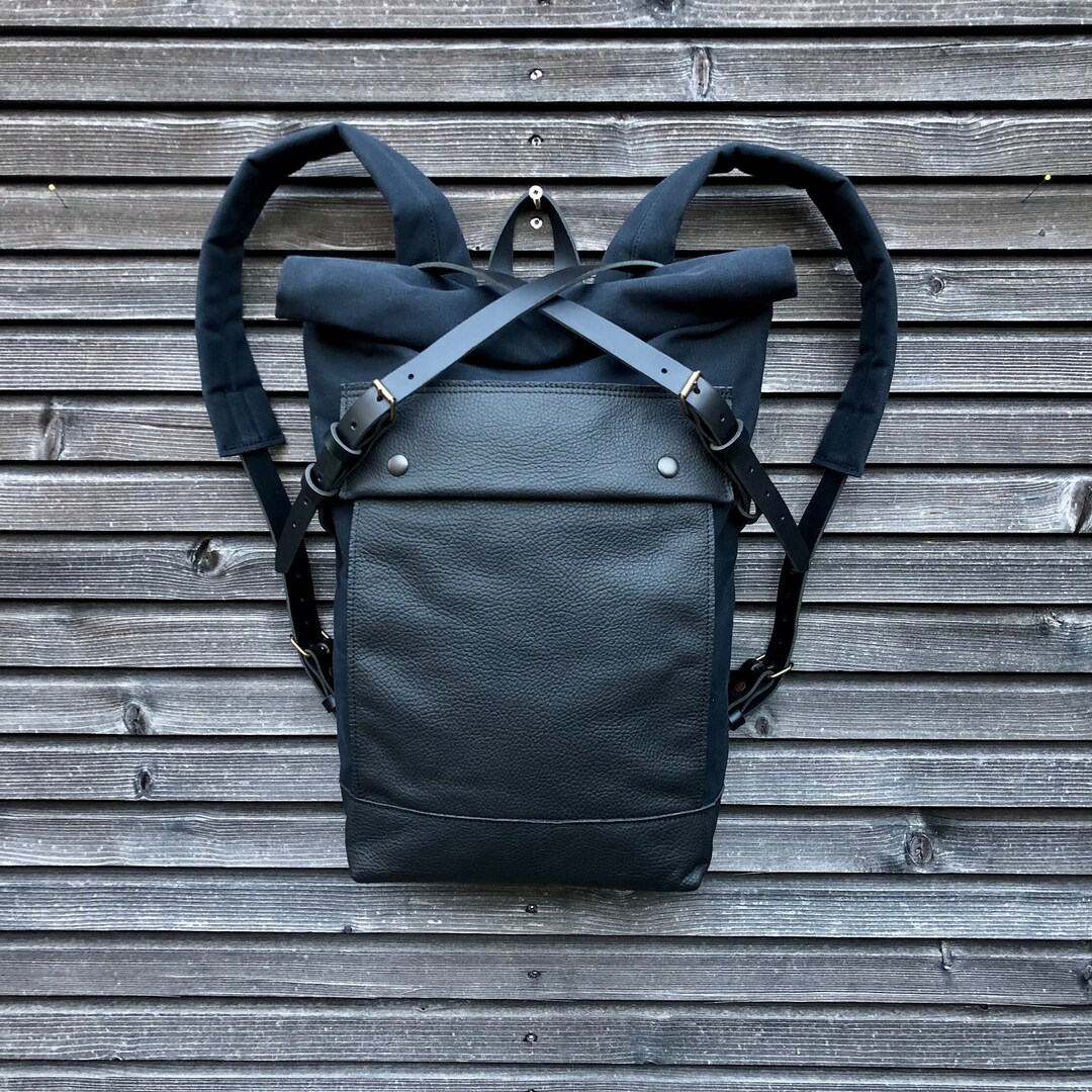 Black Backpack Medium Size Rucksack in Waxed Canvas, With Leather Front ...
