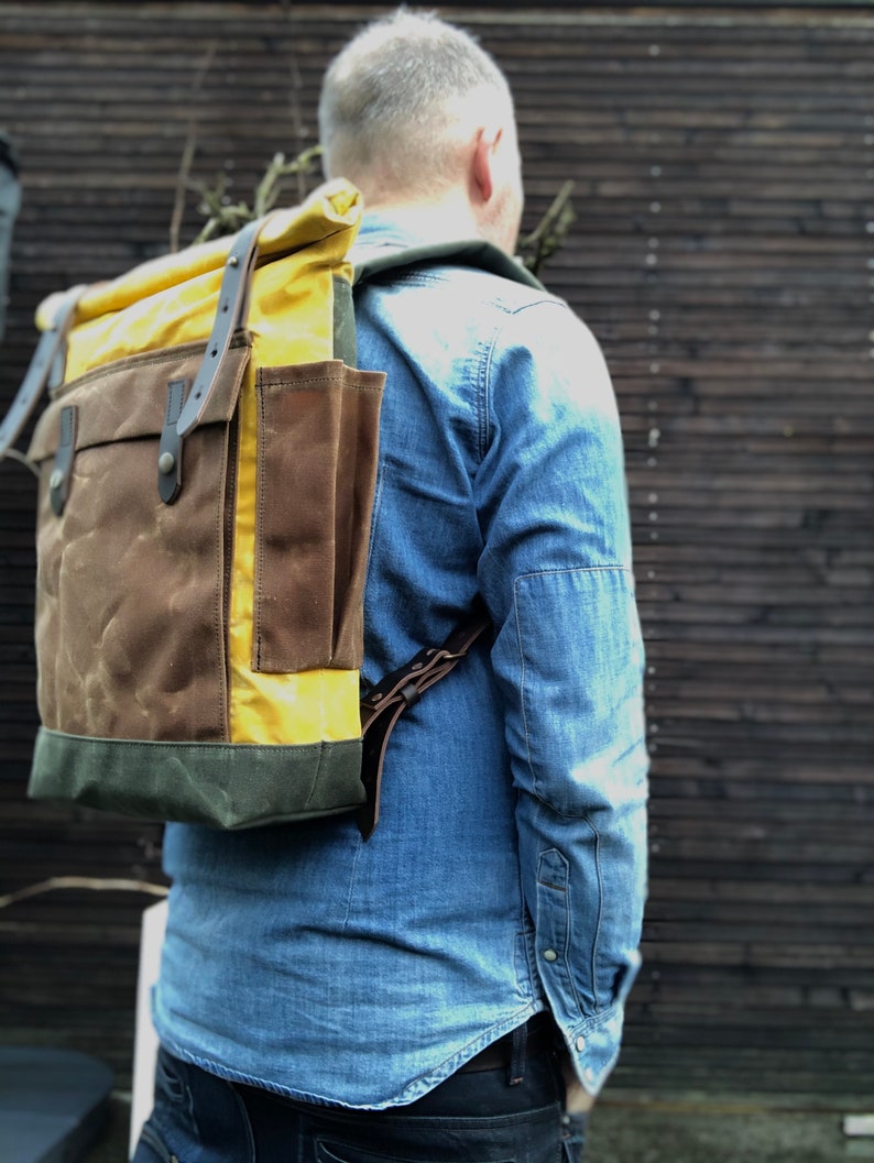 Yellow waxed canvas leather Backpack medium size / Commuter | Etsy