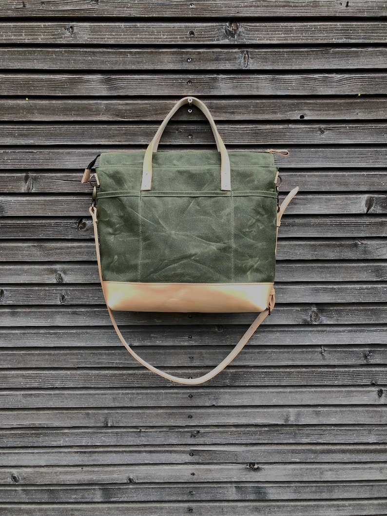 Olive Green Waxed Canvas Tote Bag / Office Bag With Luggage - Etsy