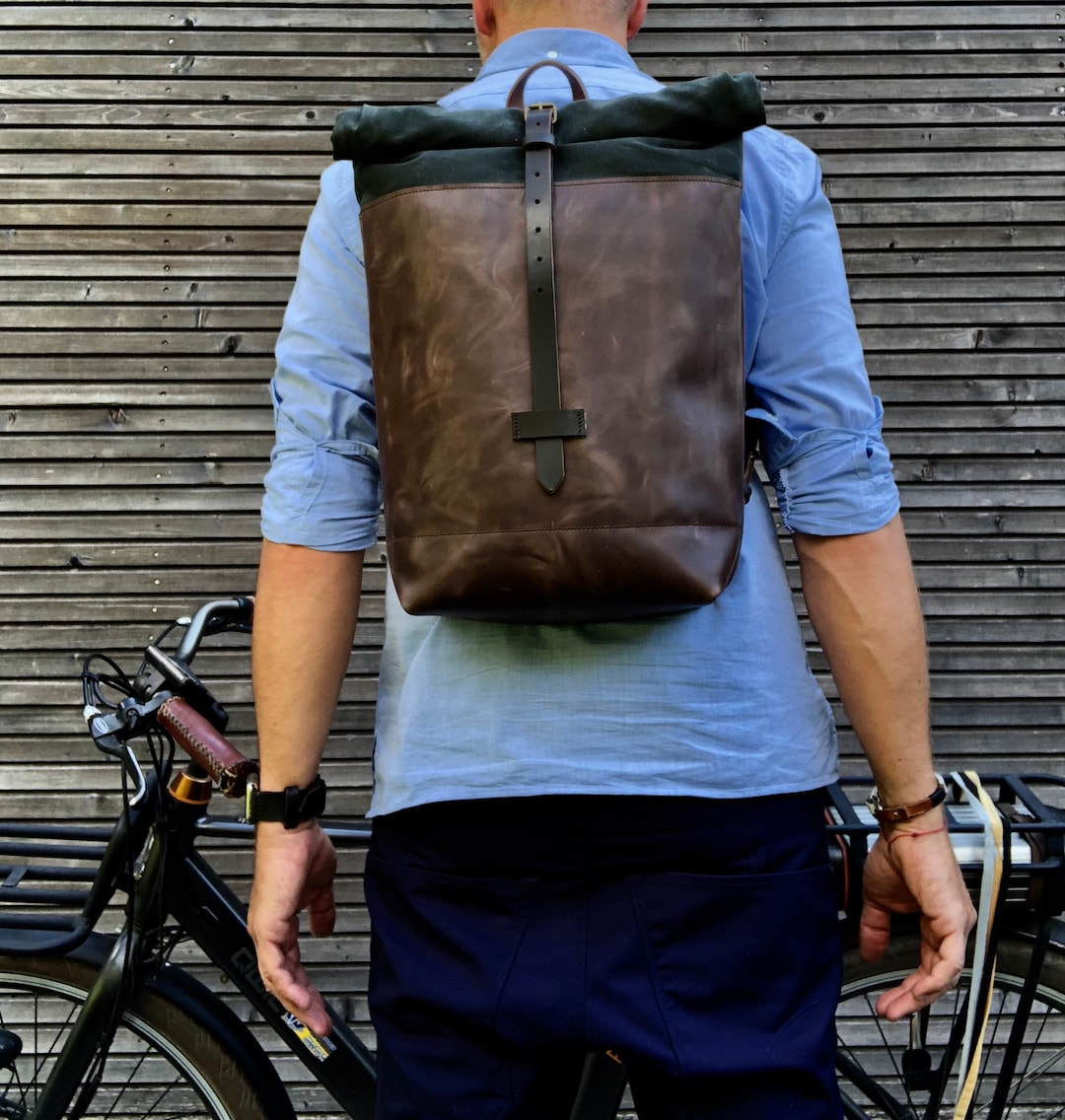 Leather Backpack With Waxed Canvas Roll to Close Top and Vegetable ...