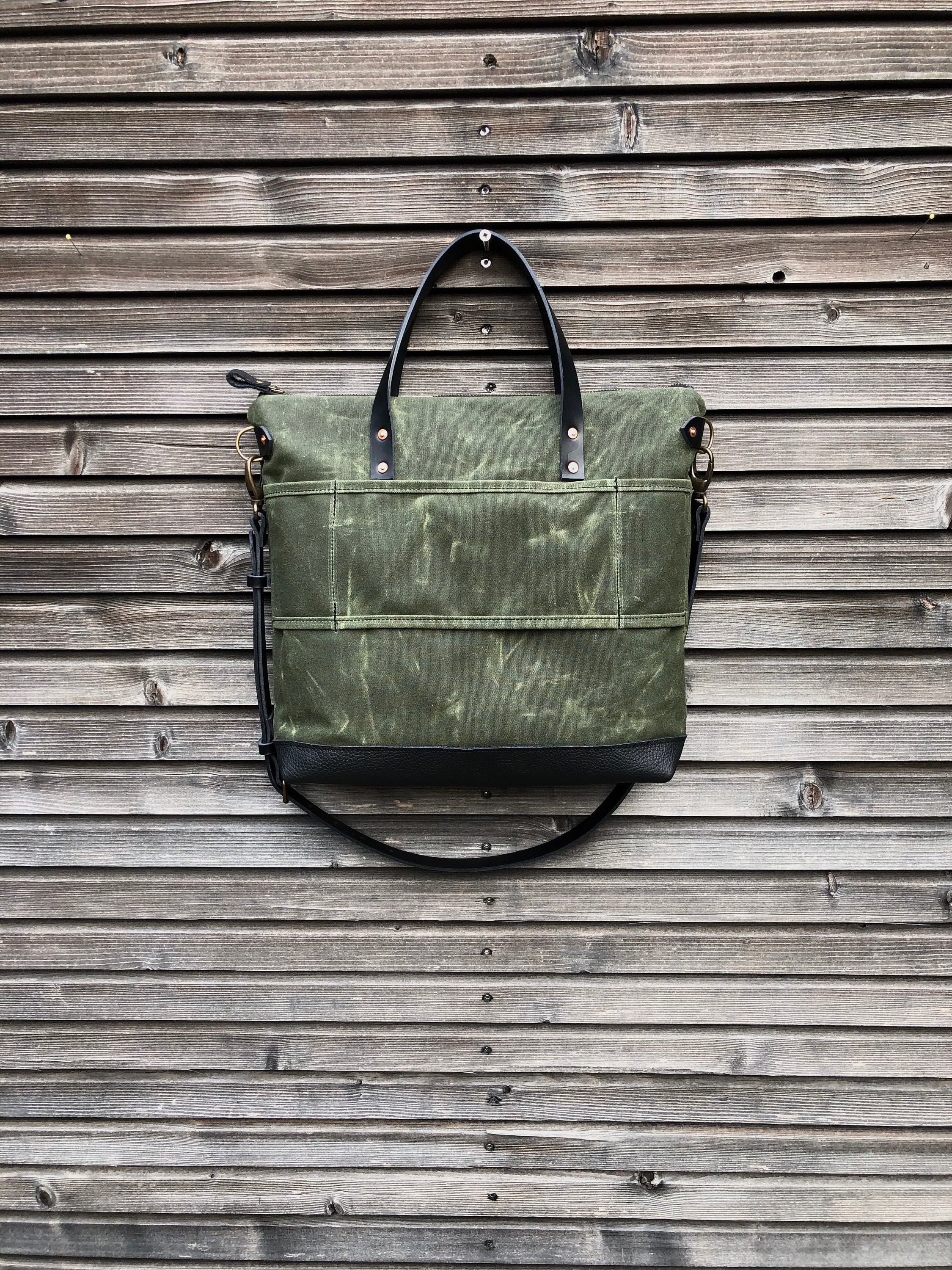 Briefcase in Waxed Canvas With Outside Pocket - Wax Canvas Attache ...