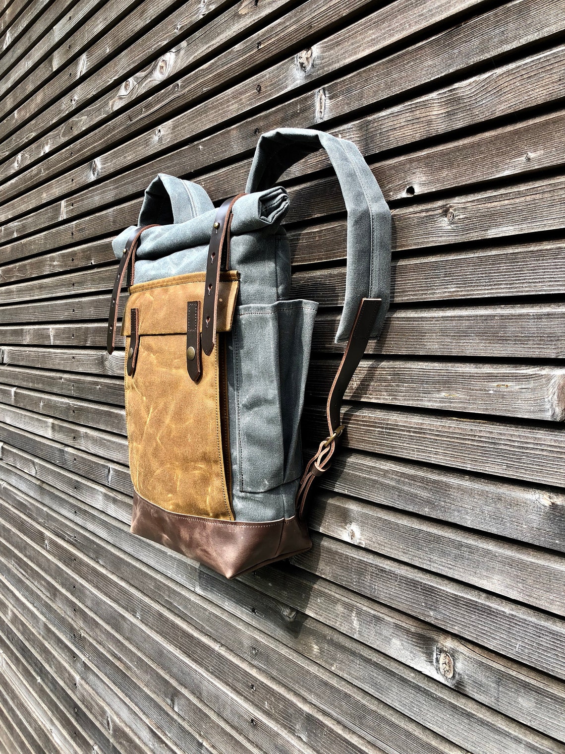 Grey Waxed Canvas Leather Backpack Medium Size / Commuter | Etsy