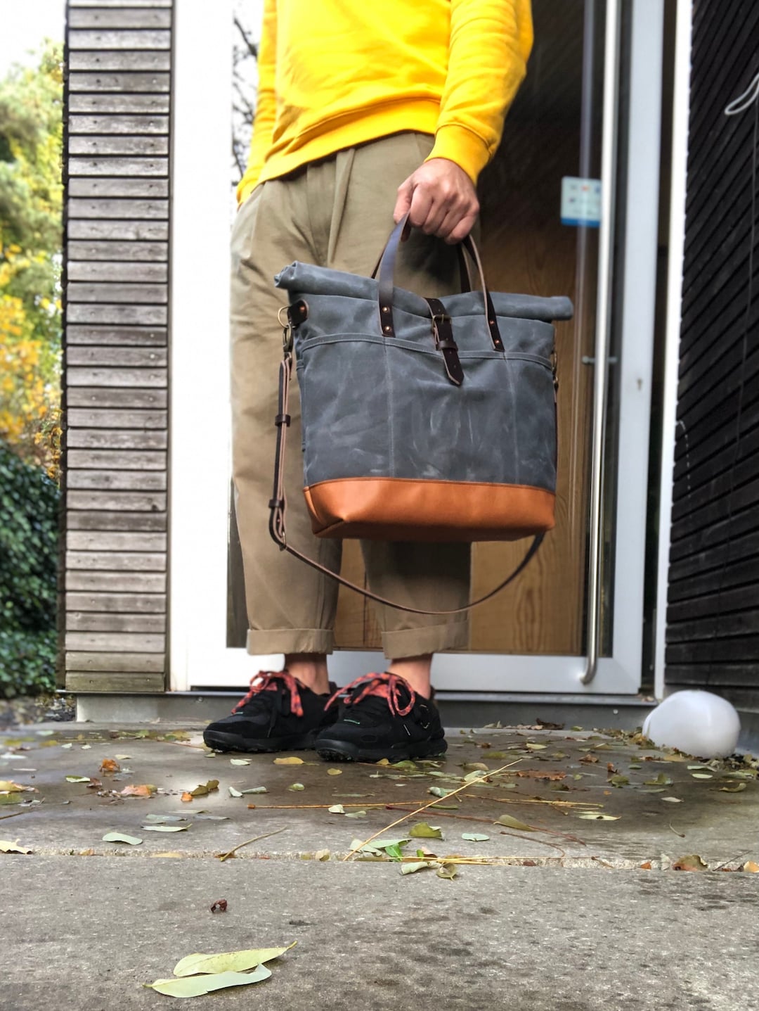 Waxed Canvas Roll Top Tote Bag / Office Bag With Luggage Handle ...