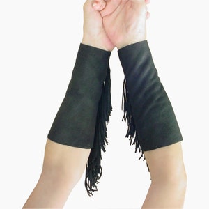 Leather Fringe Cuffs, Leather Forearm Cuffs, Stage Wear, Russet, Soft ...