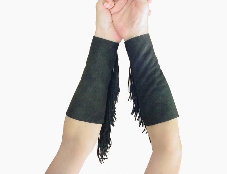 Leather Fringe Cuffs, Leather Forearm Cuffs, Stage Wear, Russet, Soft ...