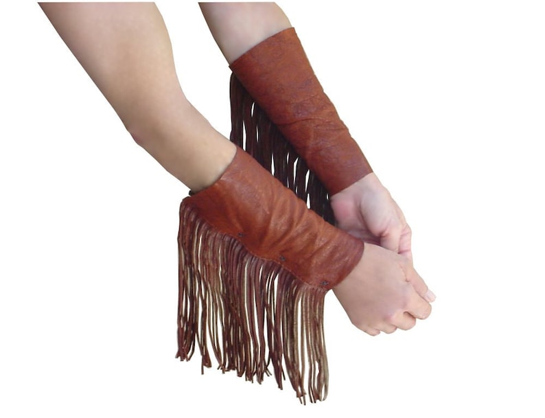 Leather Fringe Cuffs, Leather Forearm Cuffs, Stage Wear, Russet, Soft ...